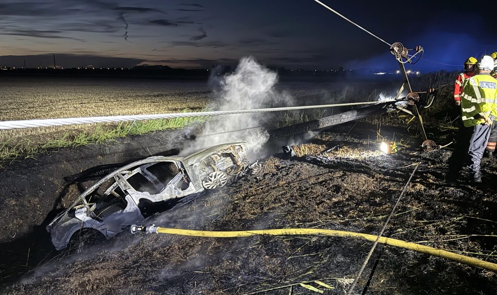 Electric car bursts into flames after crashing into pylon | Need To Know