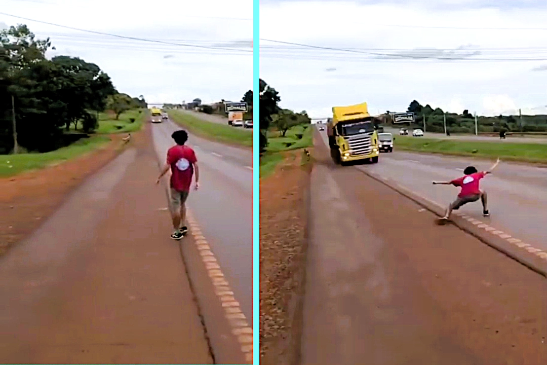 Teen almost causes lorry crash in reckless chicken stunt for likes ...